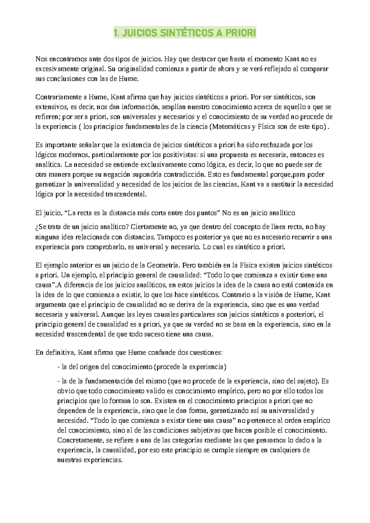 Redacciones Kant - 1. JUICIOS SINTÉTICOS A PRIORI Nos encontramos ante ...