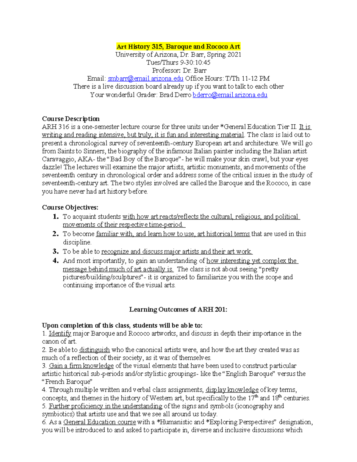 315 Baroque syllabus 2021 - Art History 315, Baroque and Rococo Art ...