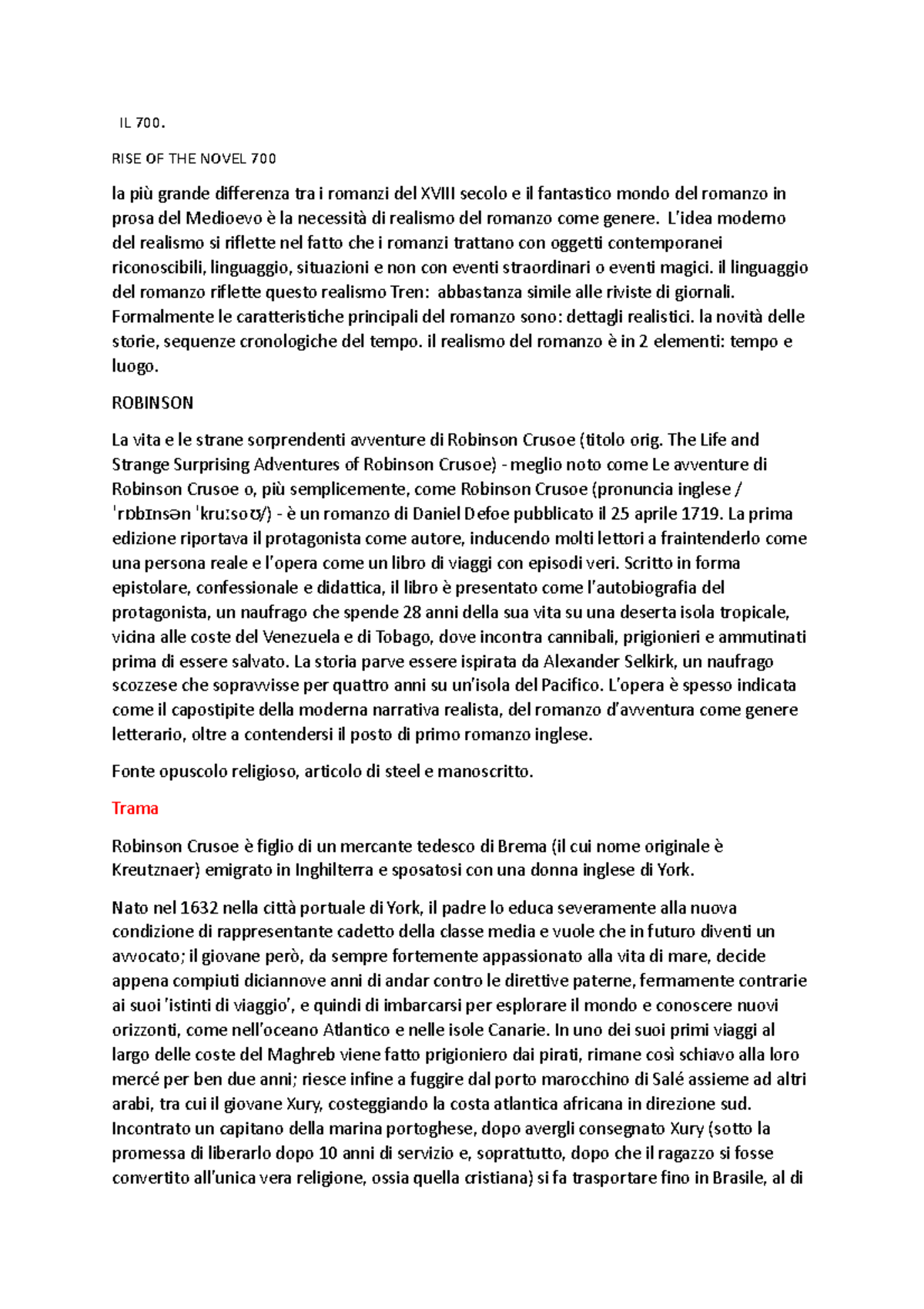 IL 700 - Riassunto Letteratura italiana contemporanea - IL 700. RISE OF THE NOVEL 700 la più ...
