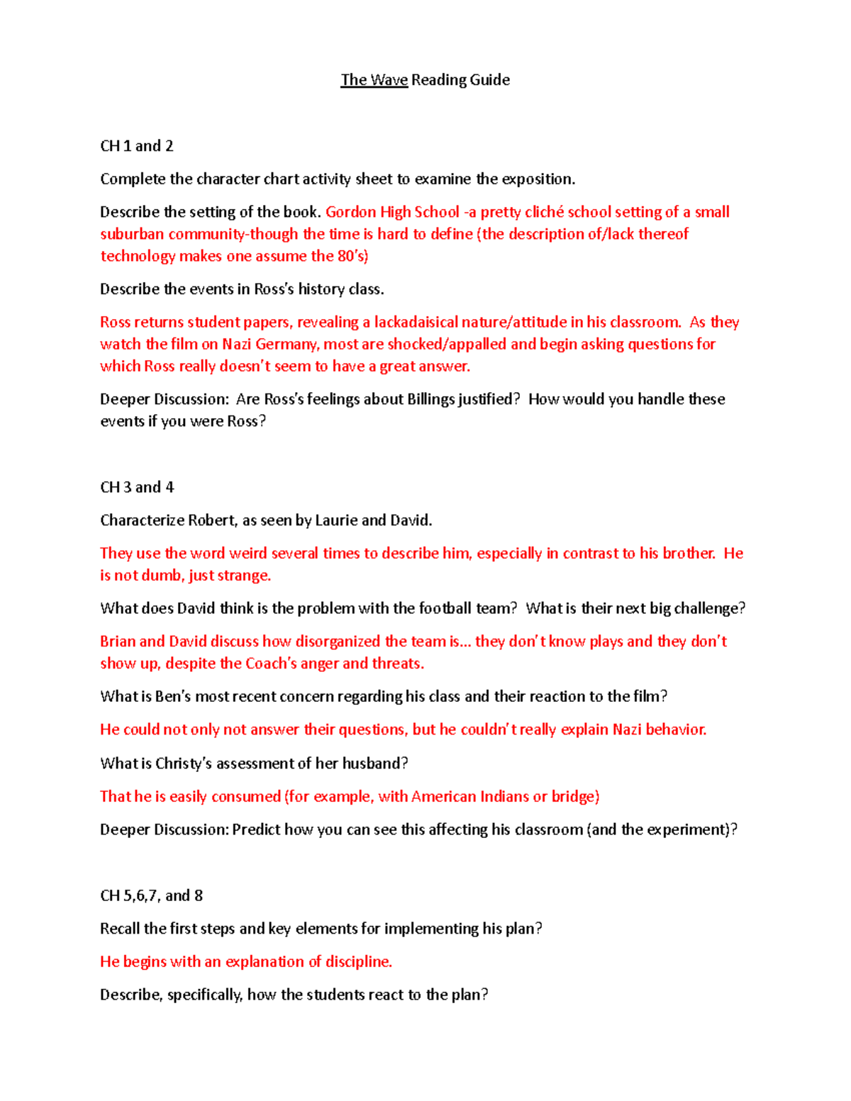 The Wave Reading Guide Answer Key - The Wave Reading Guide CH 1 and 2 ...