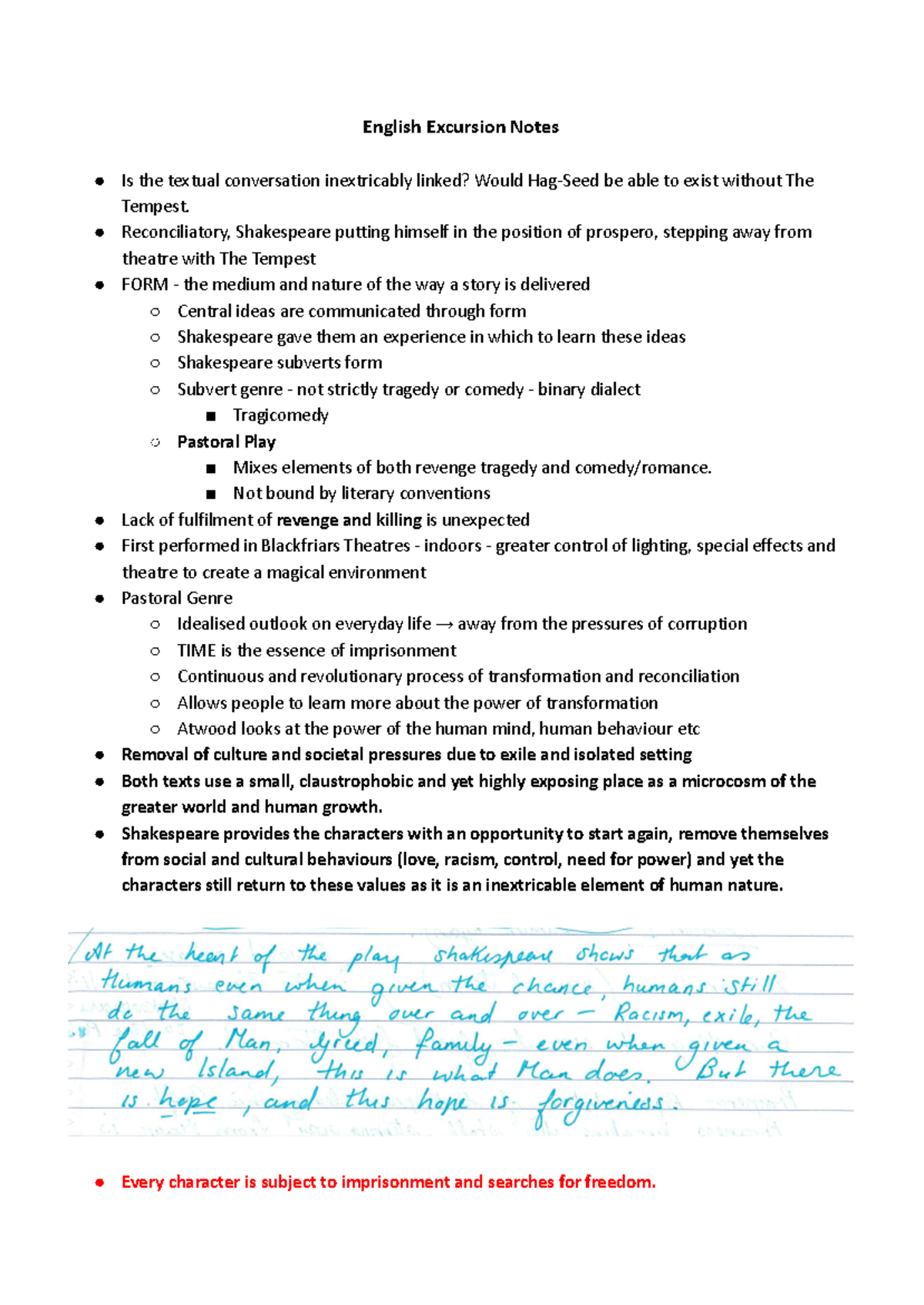 English Excursion Notes - Reconciliatory, Shakespeare putting himself ...