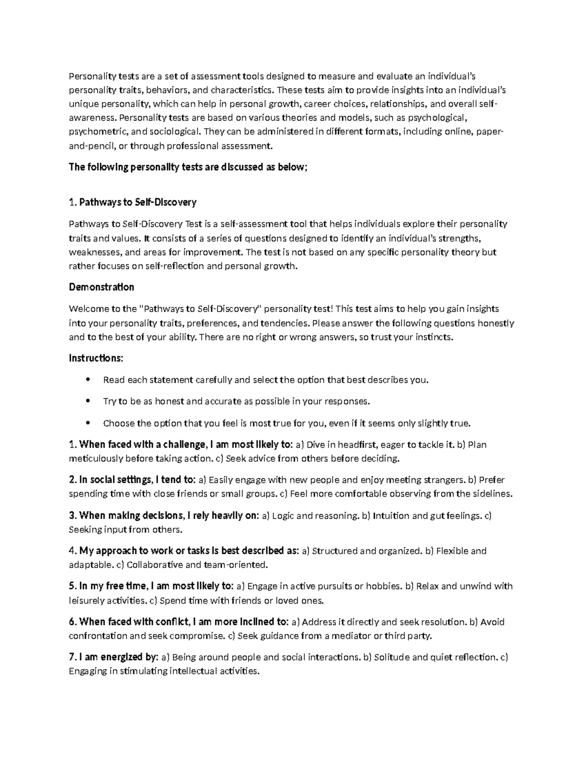 Notes on personality test - Personality tests are a set of assessment ...