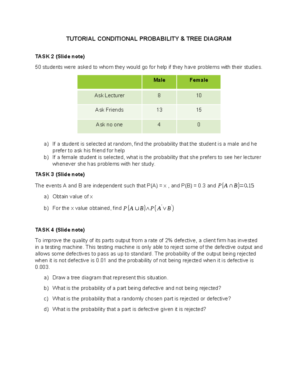 Tutorial Conditional Probability & TREE Diagram - TUTORIAL CONDITIONAL PROBABILITY & TREE - Studocu