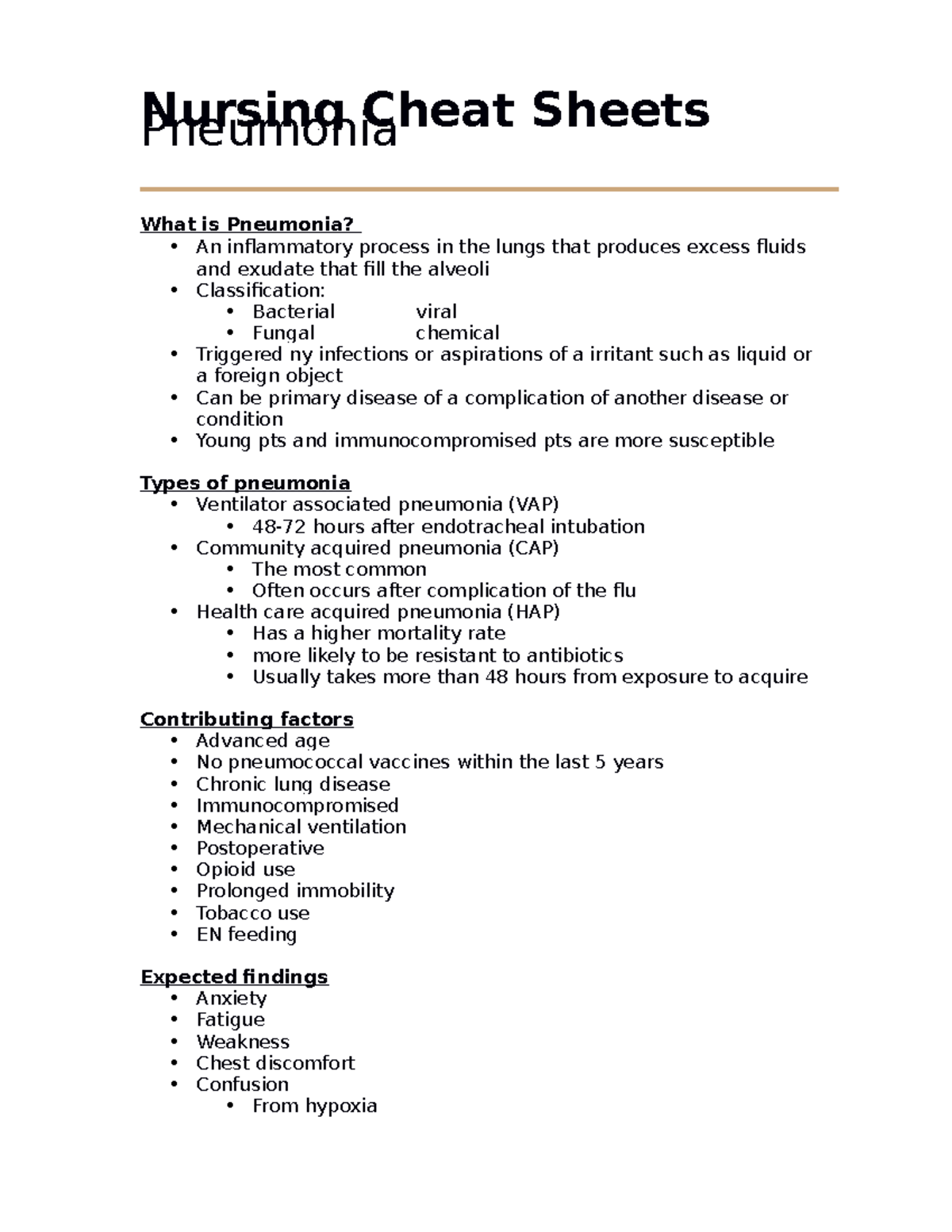 Pnemonia - Nursing cheat sheets: pneumonia, quick information to know ...