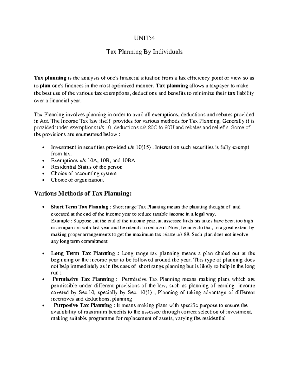 18049 - Writen notes of i and tp - UNIT: Tax Planning By Individuals ...