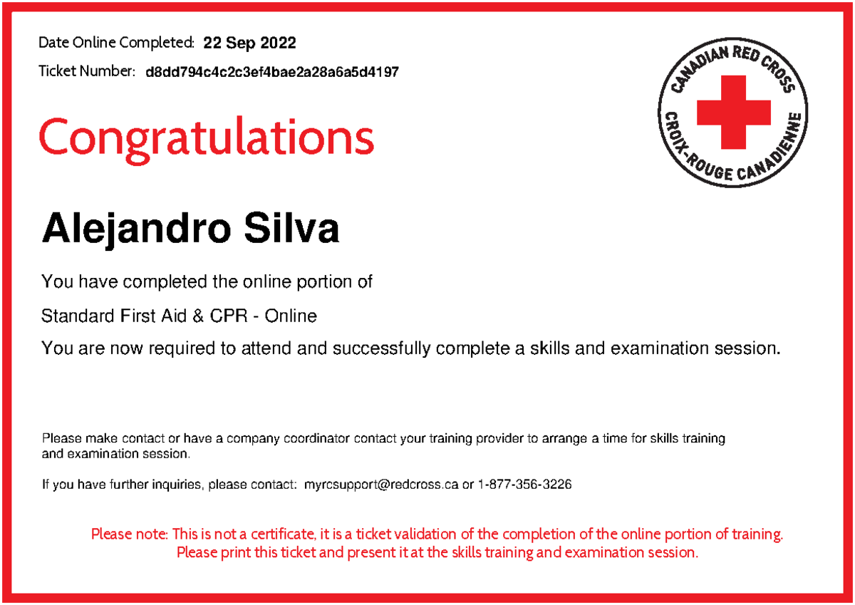 First Aid Red Cross sfa en - Congratulations Date Online Completed ...