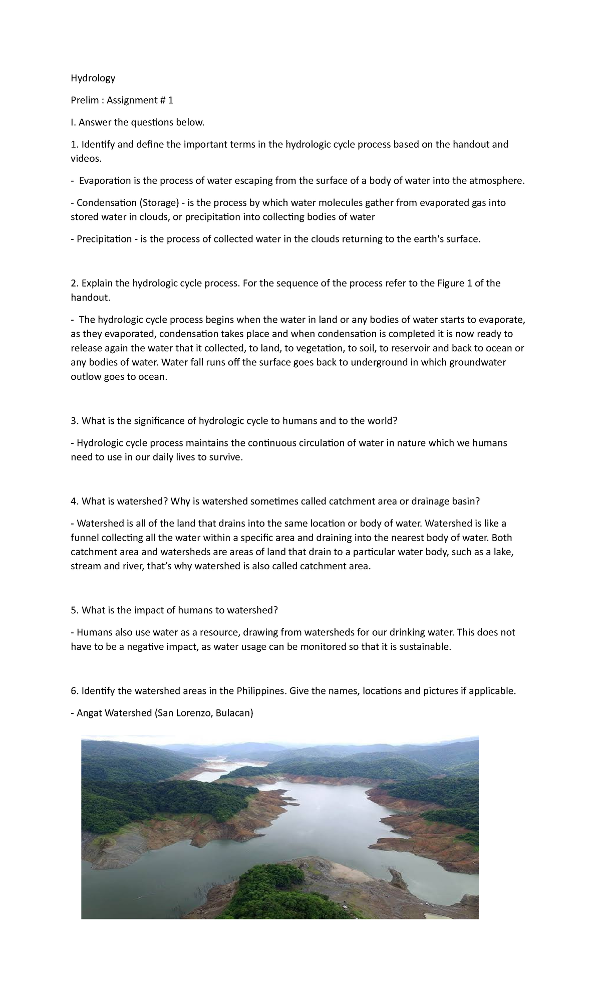Hydrologic cycle process - Hydrology Prelim : Assignment # 1 I. Answer ...