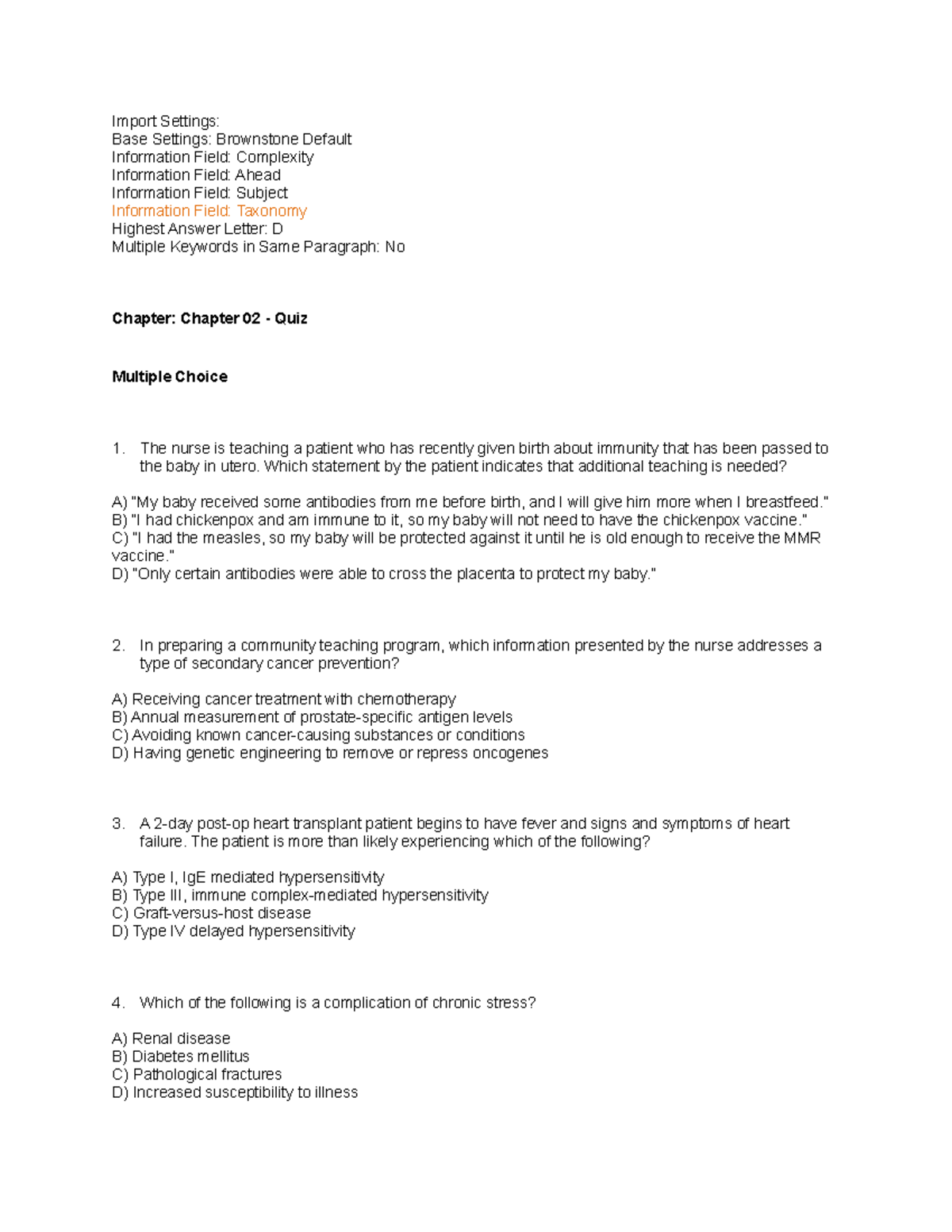 MOD 2 Practice QUIZ - Import Settings: Base Settings: Brownstone ...