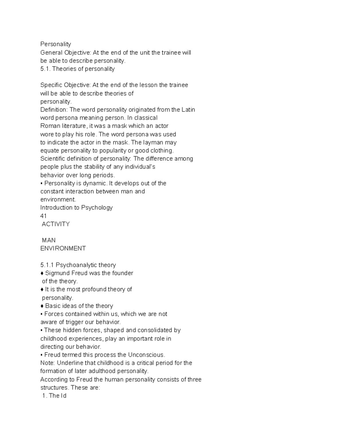 Personality - 5. Theories of personality Specific Objective: At the end ...