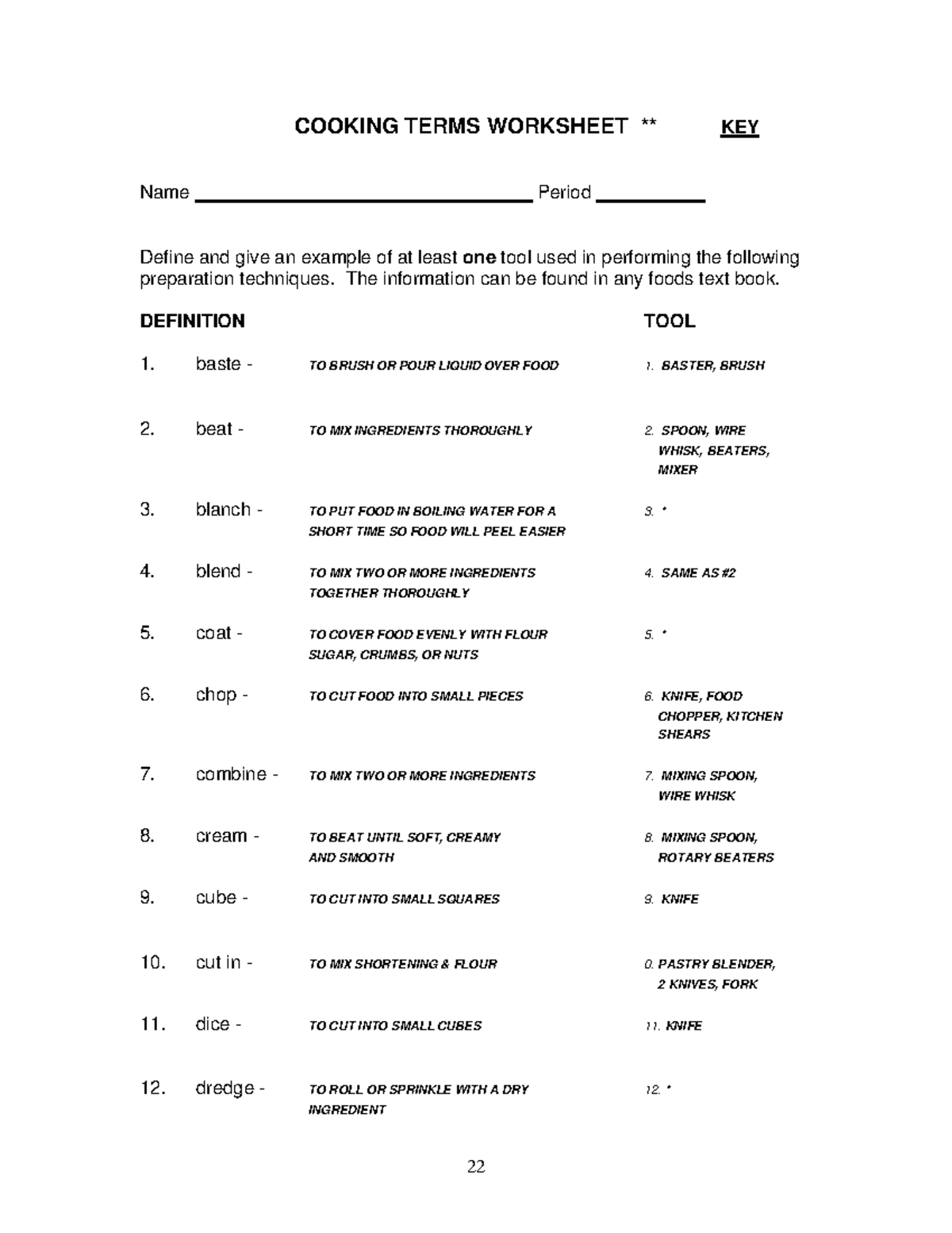 Cooking Terms Key Studious 22 COOKING TERMS WORKSHEET KEY Name