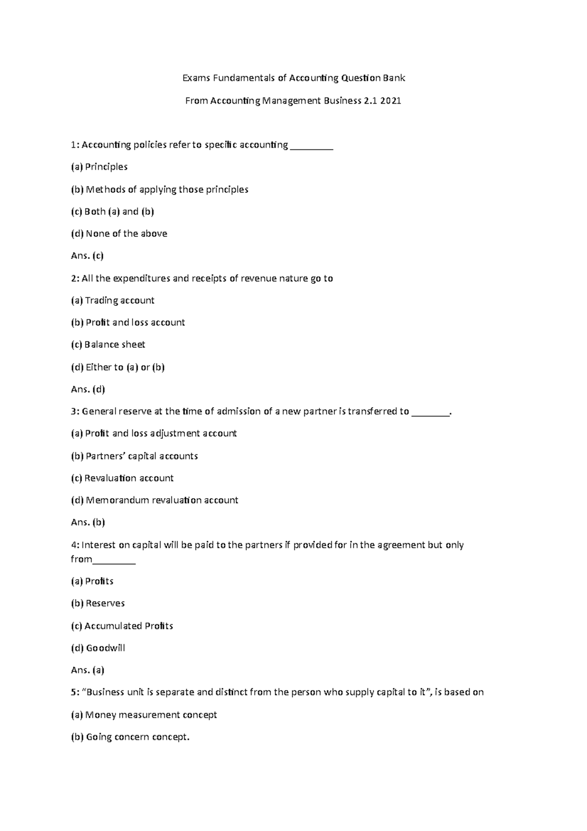 Exams Fundamentals of Accounting Question Bank From Accounting ...