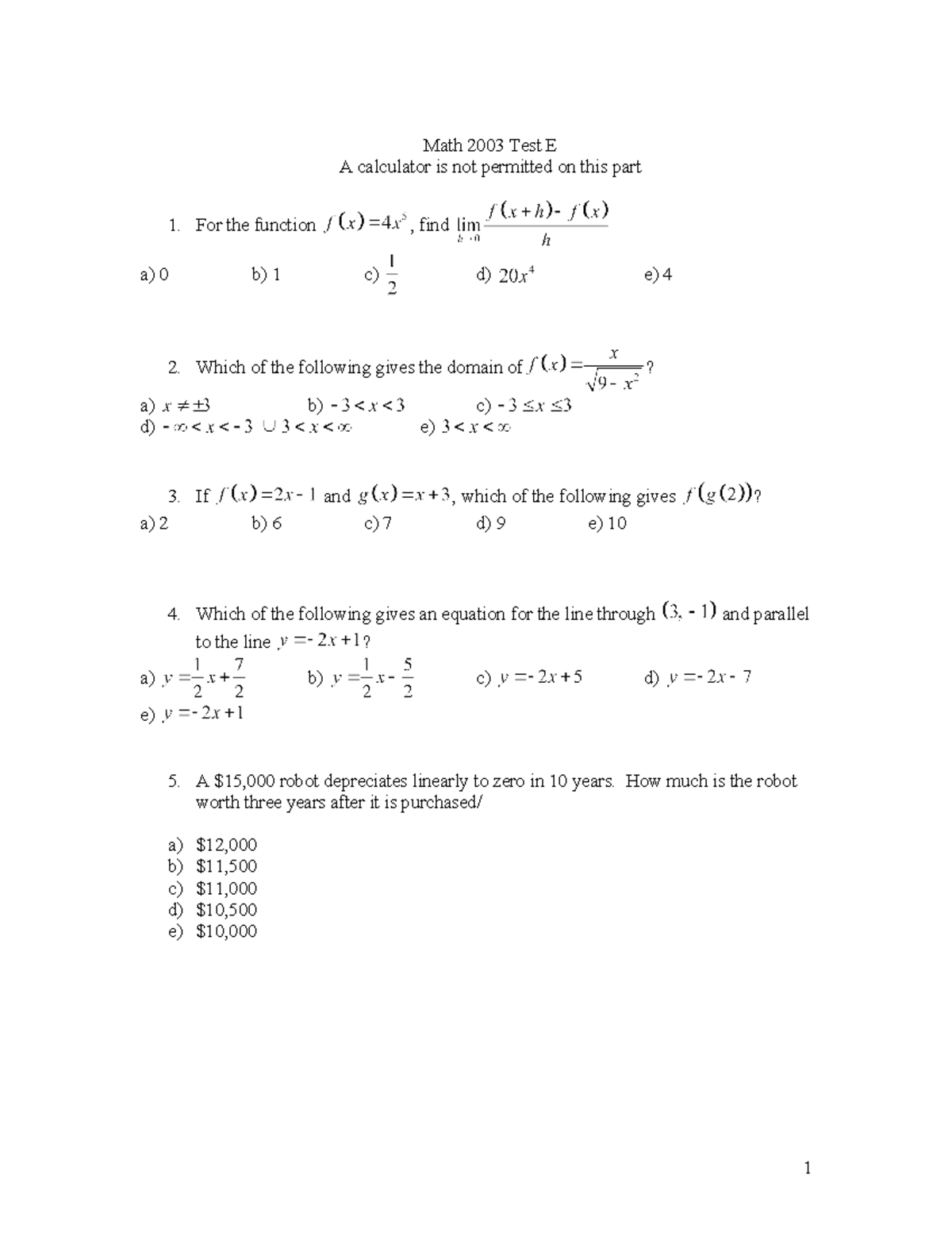 MTH2003 Test E - questions to give practice for pre calculus - Math ...