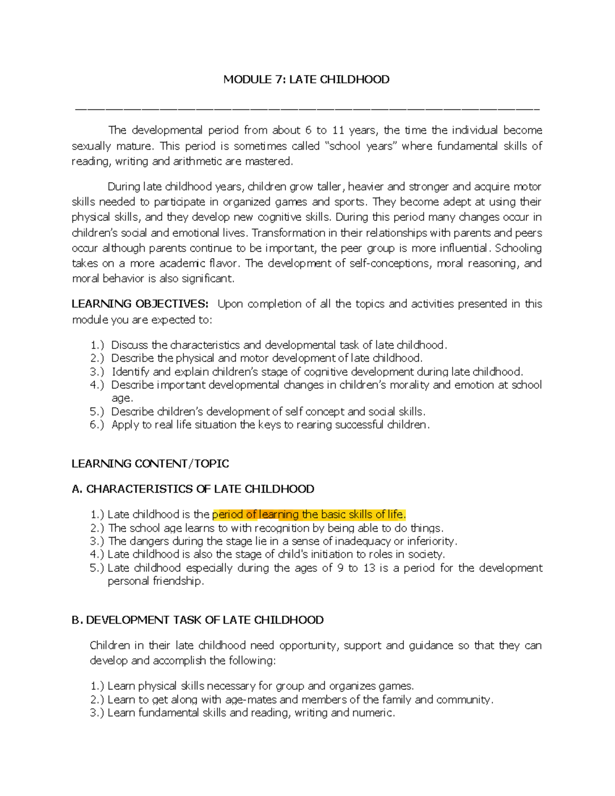 LATE- Childhood - Child and Adolescent - MODULE 7: LATE CHILDHOOD - Studocu