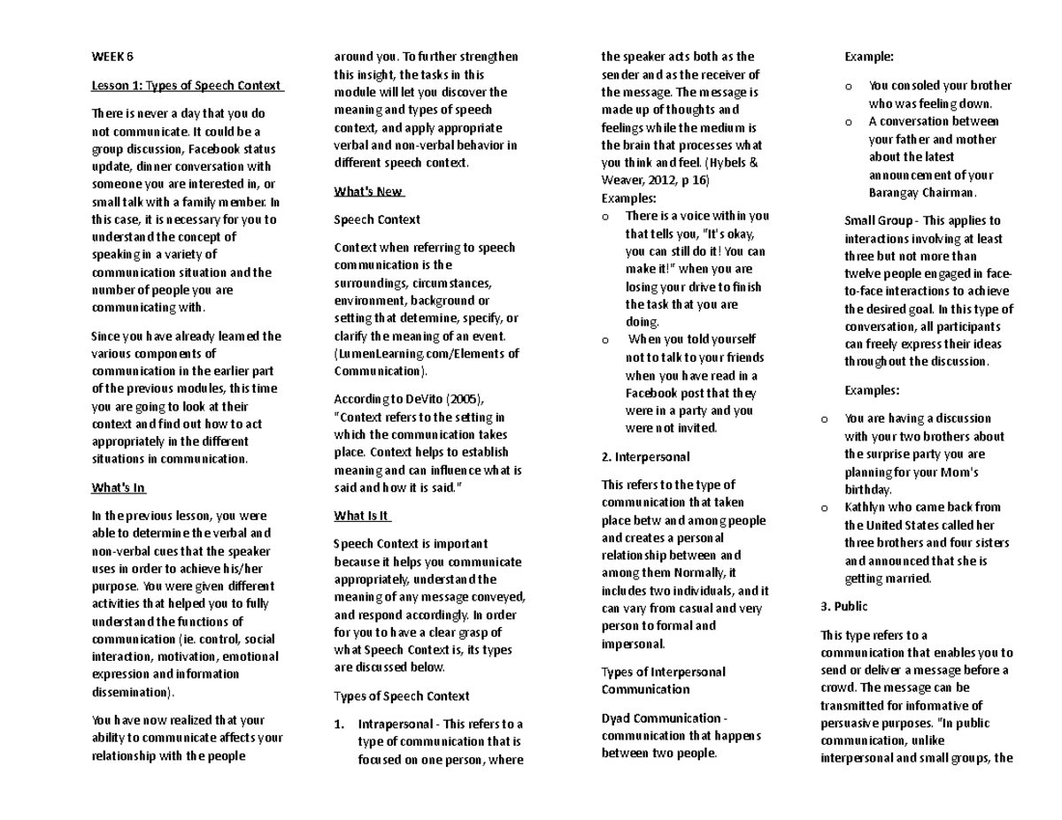 Notes - WEEK 6 Lesson 1: Types of Speech Context There is never a day ...