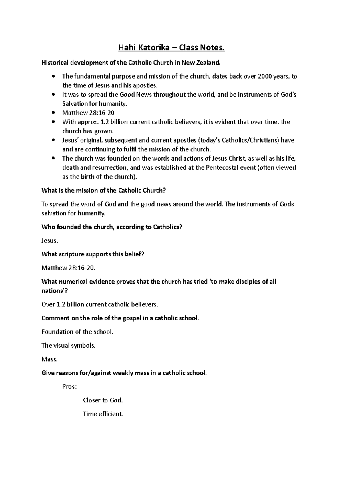 RE Notes, Hahi Katorika - Hahi Katorika – Class Notes. Historical ...