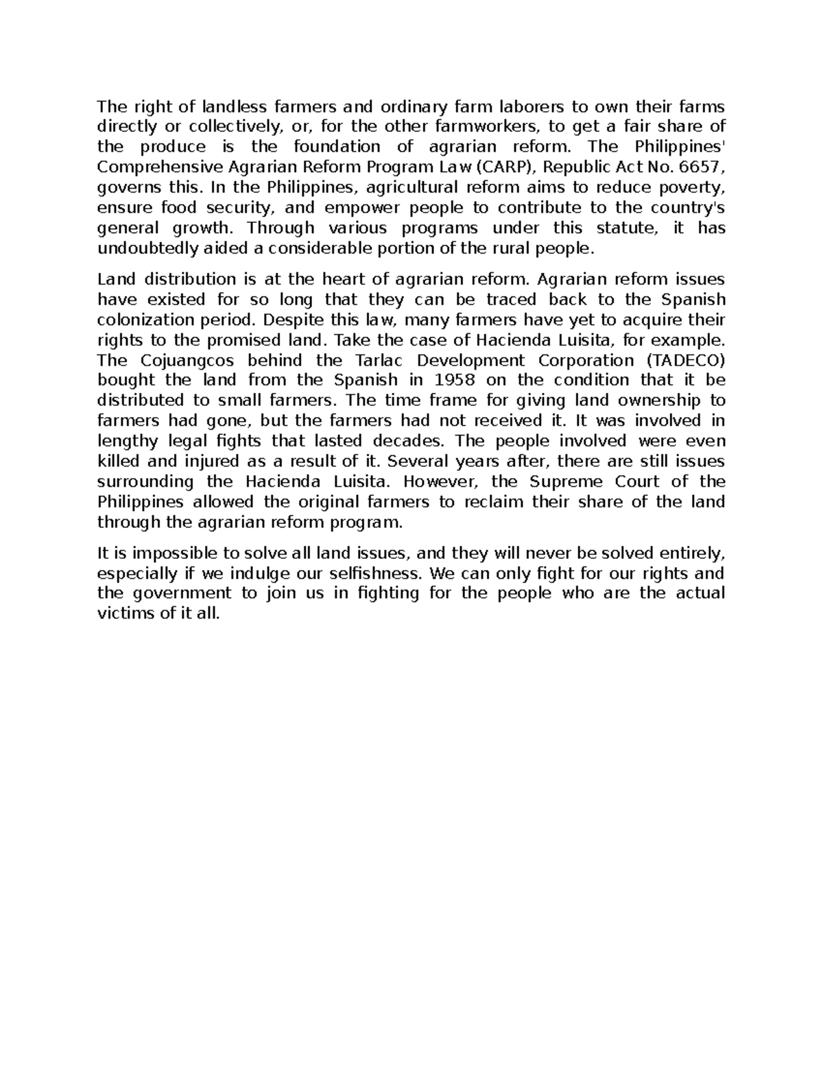 Agrarian Reform Issues - The right of landless farmers and ordinary ...