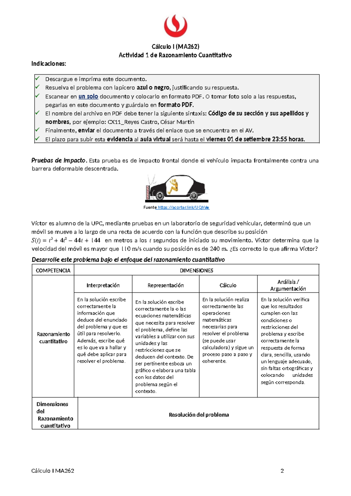 Actividad 1 RC Movimiento Rectilíneo - Cálculo I (MA262) Actividad 1 de ...