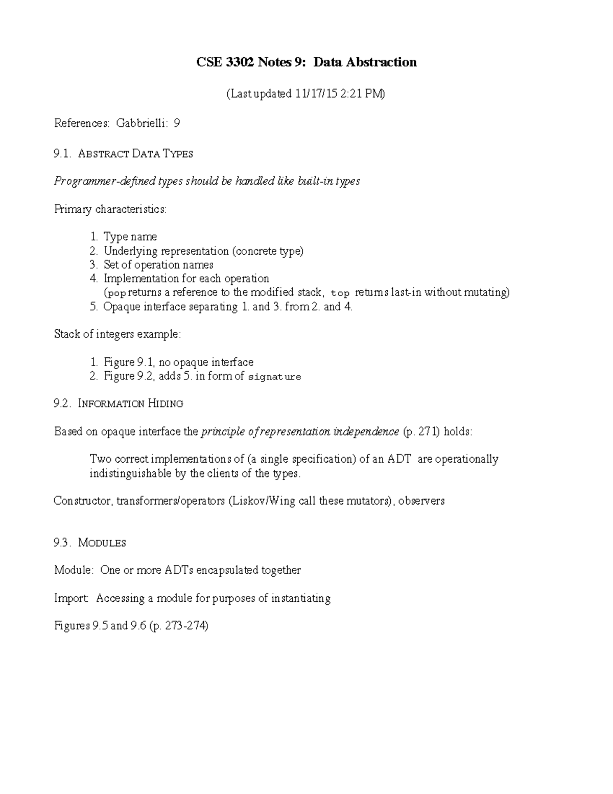 Notes 09 - CSE 3302 Notes 9: Data Abstraction (Last updated 11/17/15 2 ...