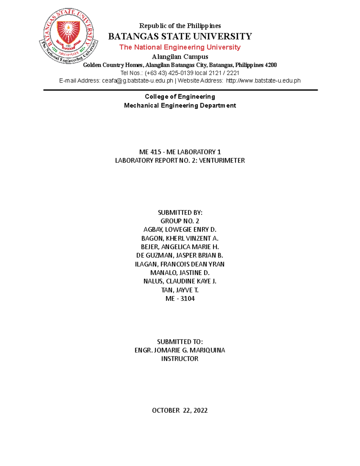 Vunterimeter - Laboratory - BATANGAS STATE UNIVERSITY The National Engineering University Golden ...