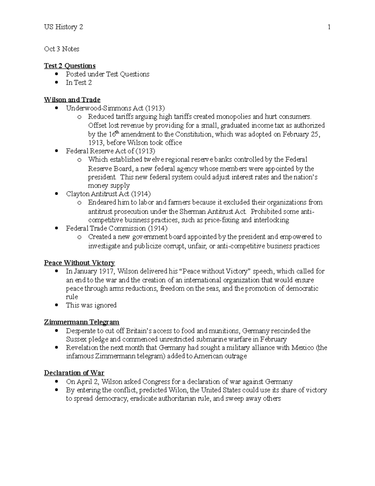 Hist - Oct 3 Notes - US History 2 Oct 3 Notes Test 2 Questions Posted ...