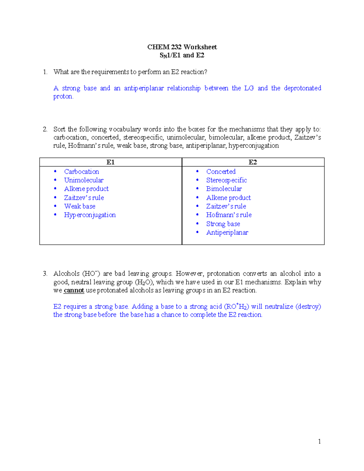 PPP 11a KEY - E1 and E2 - 11a ppp key - CHEM 232 Worksheet SN1/E1 and E ...