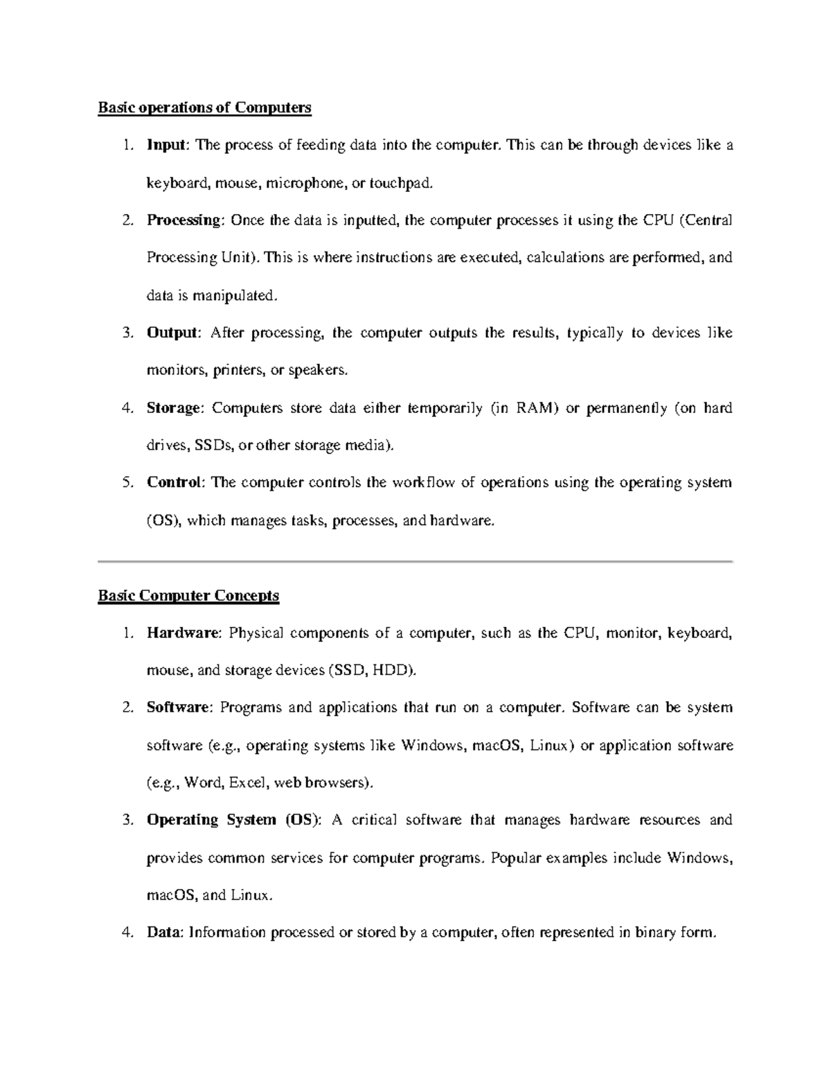 Week 1 Basic Operations Of Computers Basic Operations Of Computers 1 Input The Process Of