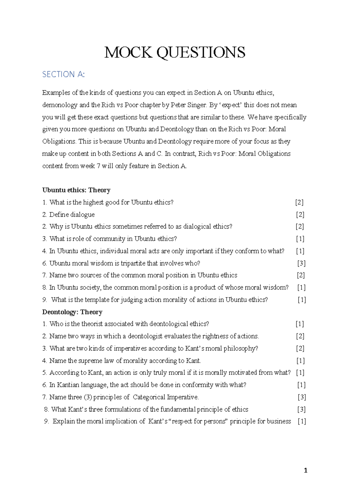 2024 Exam Mock Questions (Ubuntu, Deontology & Social Justice) - MOCK ...