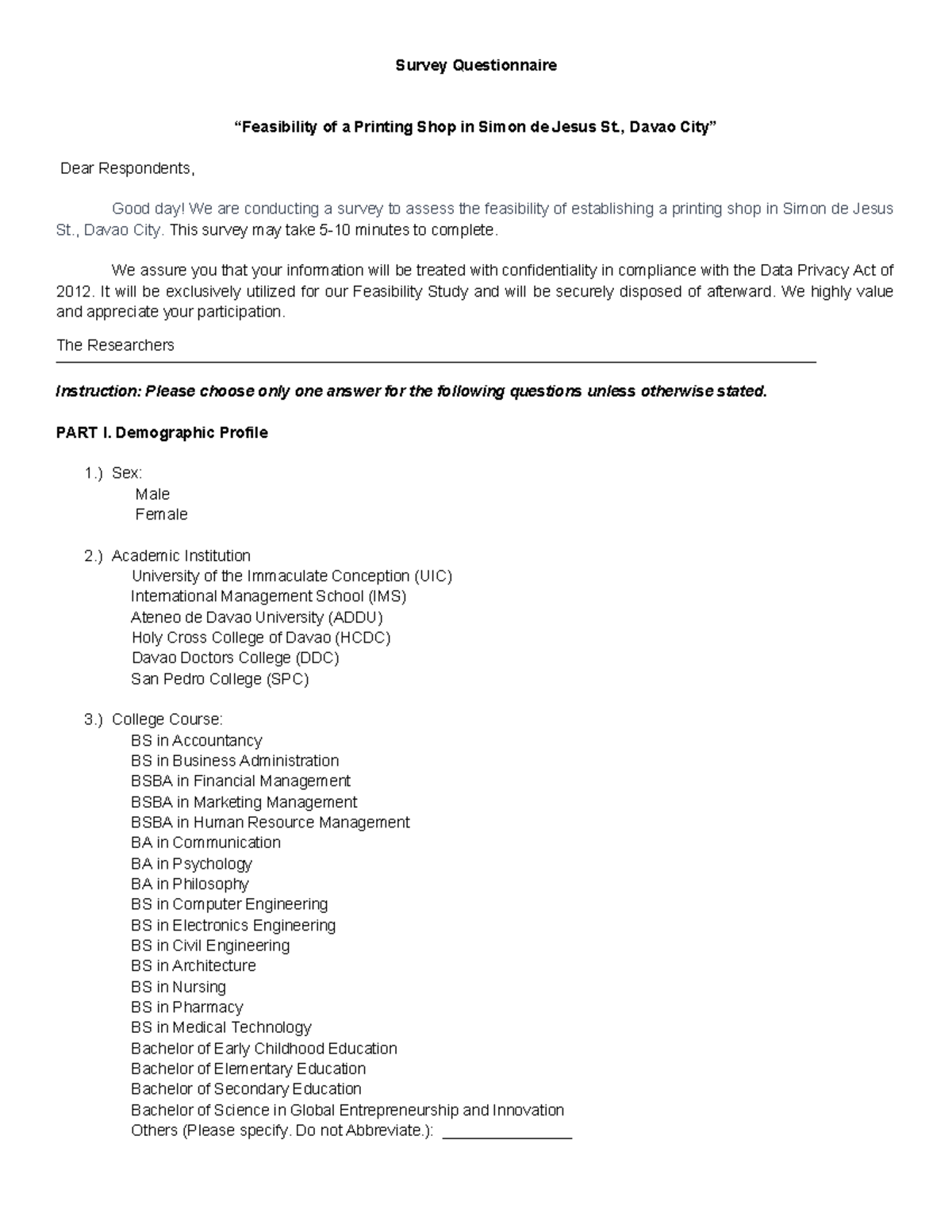 Survey Questionnaire - Survey Questionnaire “Feasibility of a Printing ...