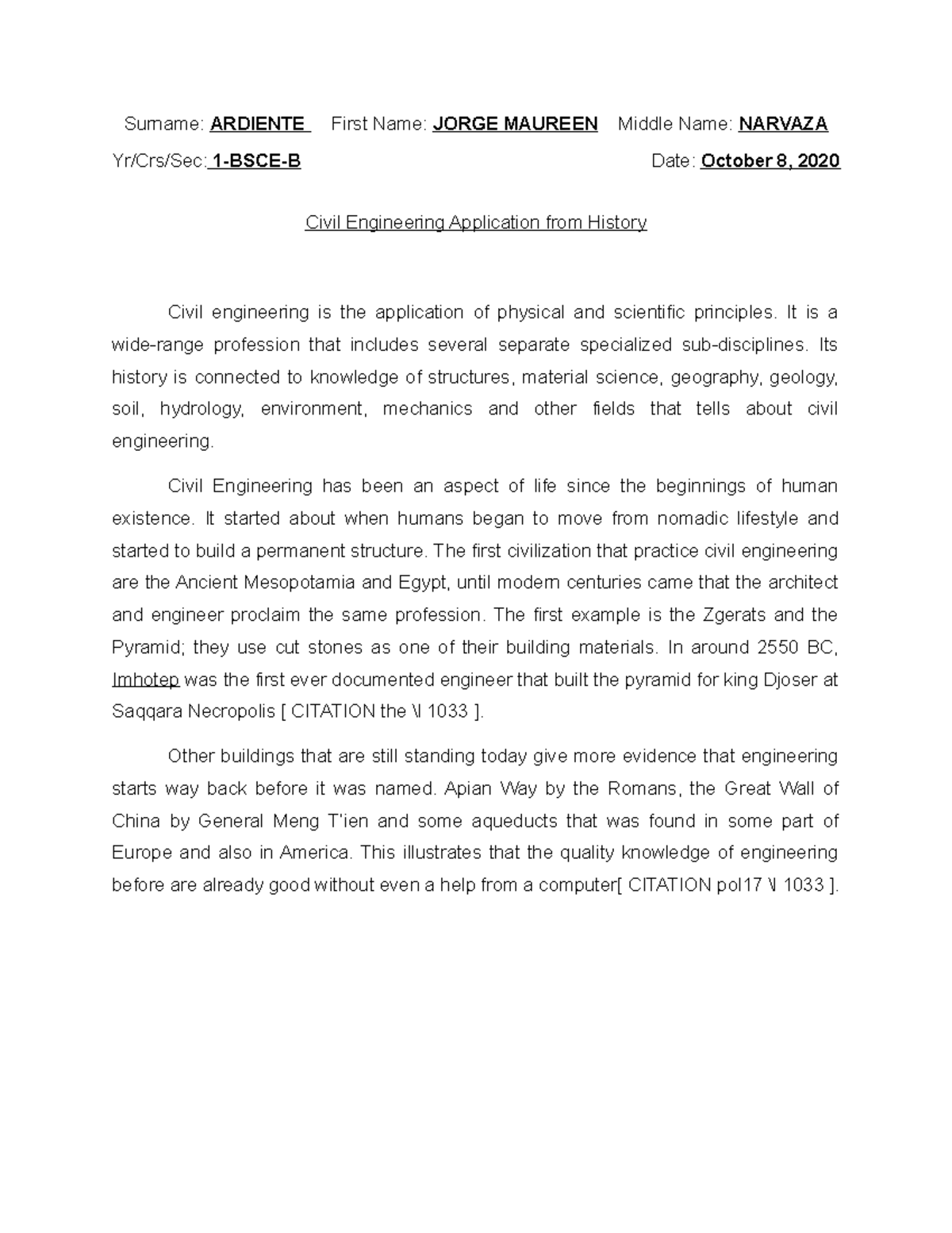 Civil Engineering Application from History - USM - Studocu