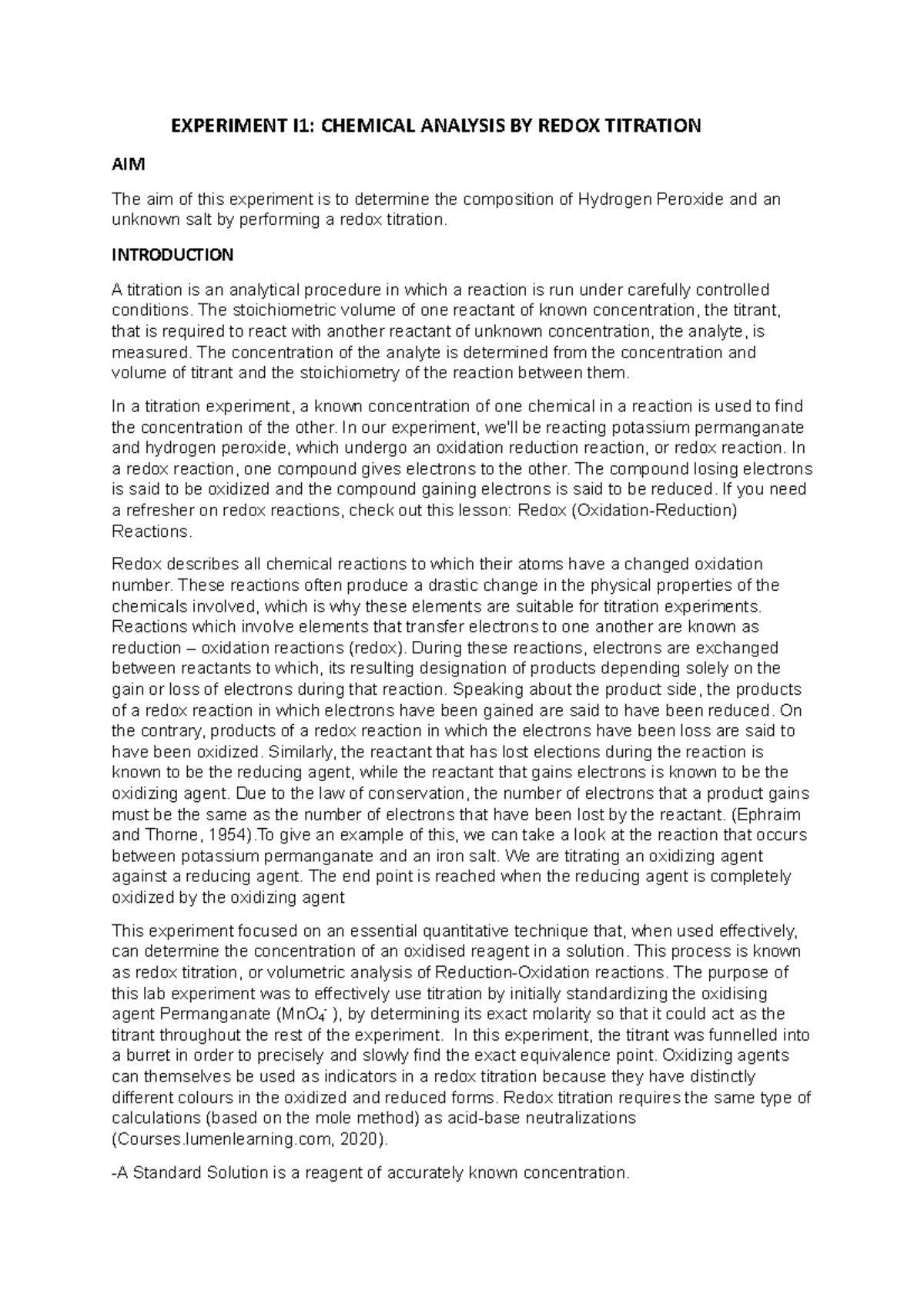 Chemical Analysis BY Redox Titration - EXPERIMENT I1: CHEMICAL ANALYSIS ...