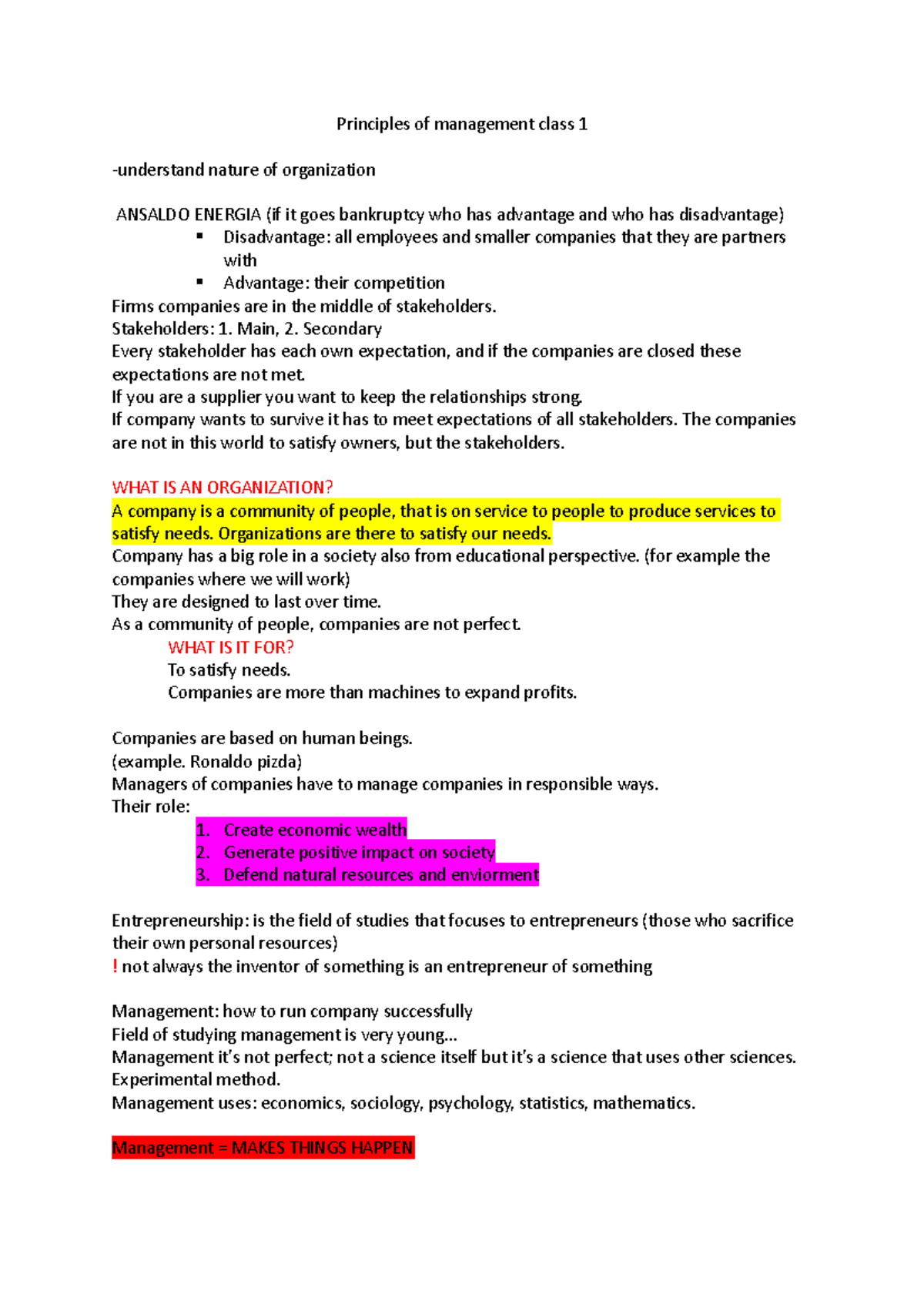 Principles of management class 1 - Stakeholders: 1. Main, 2. Secondary ...