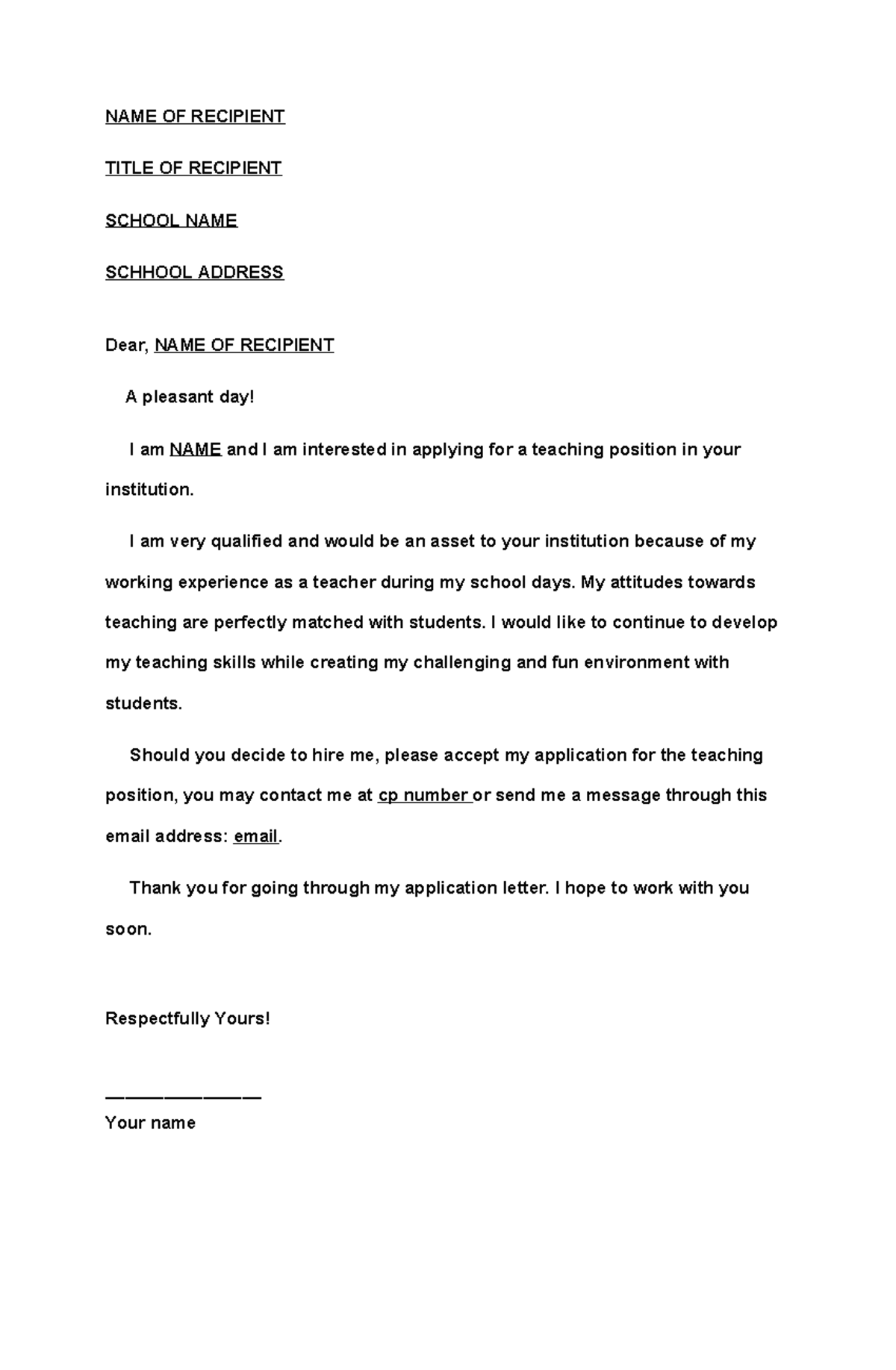 Cover Letter - NAME OF RECIPIENT TITLE OF RECIPIENT SCHOOL NAME SCHHOOL ...