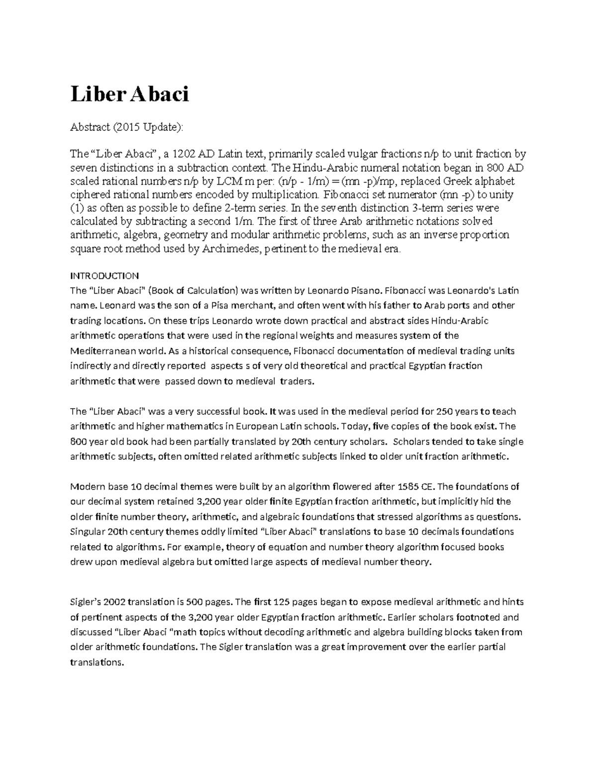 Liber Abaci - Liber Abaci Abstract (2015 Update): The “Liber Abaci”, a ...