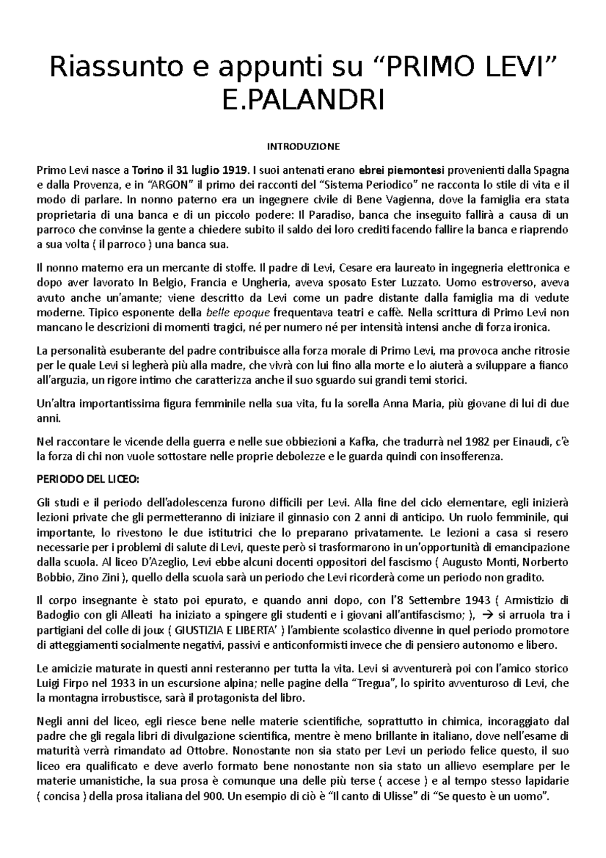 Appunti - riassunto su Primo Levi - letterature comparate - prof. E ...