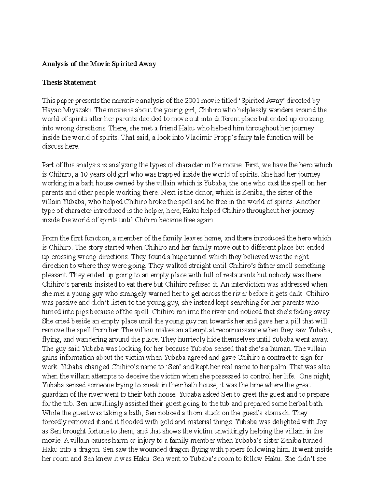 Analysis of the Movie Spirited Away - The movie is about the young girl ...