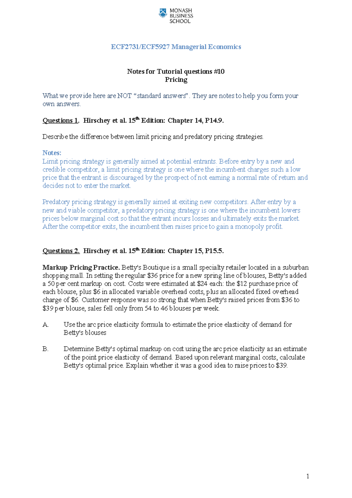 Notes for Tutorial questions #10 Pricing - ECF2731/ECF5927 Managerial ...