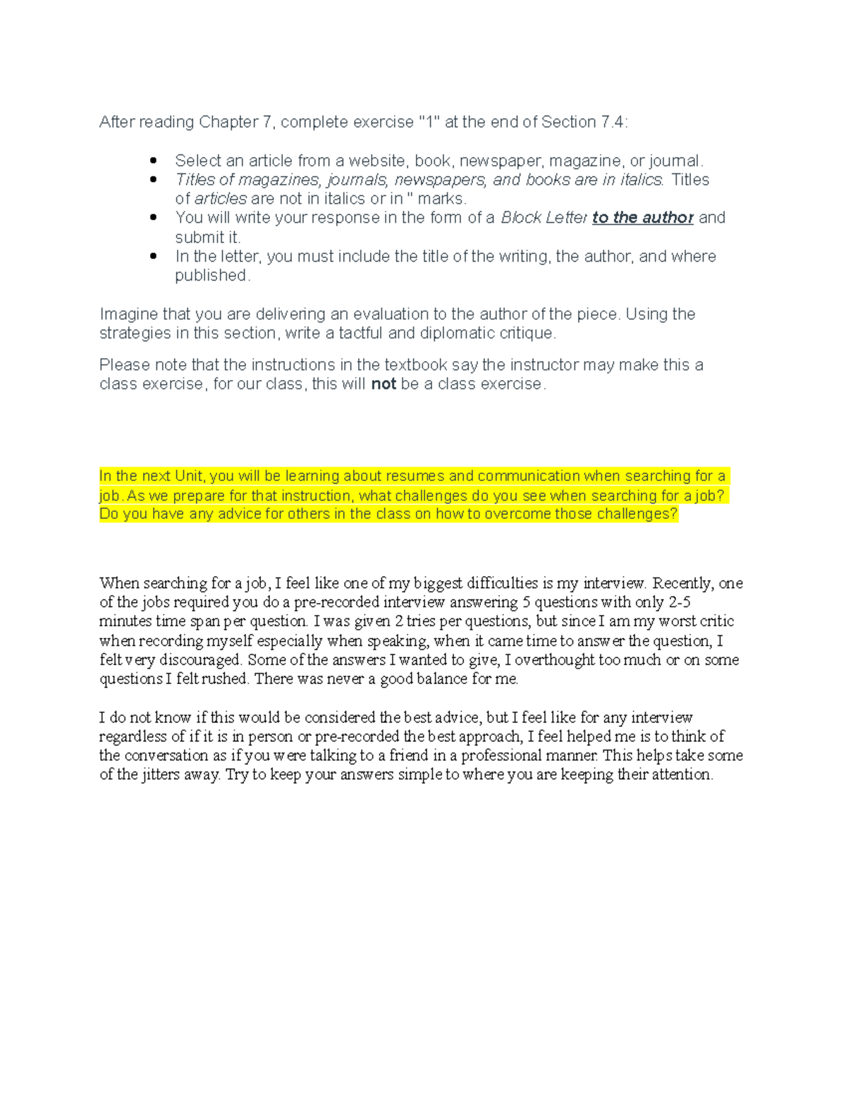 Unit 3 assignment - After reading Chapter 7, complete exercise "1" at ...