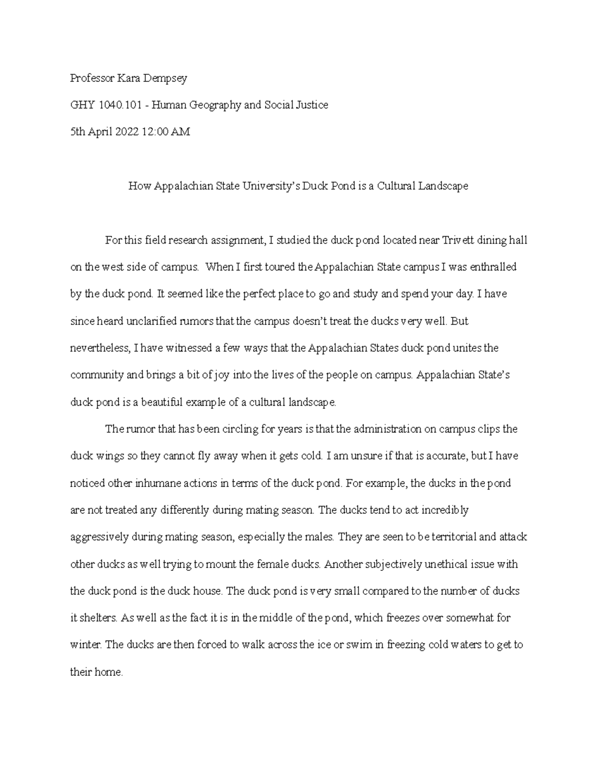 Field Study Assignment - Professor Kara Dempsey GHY 1040 - Human ...