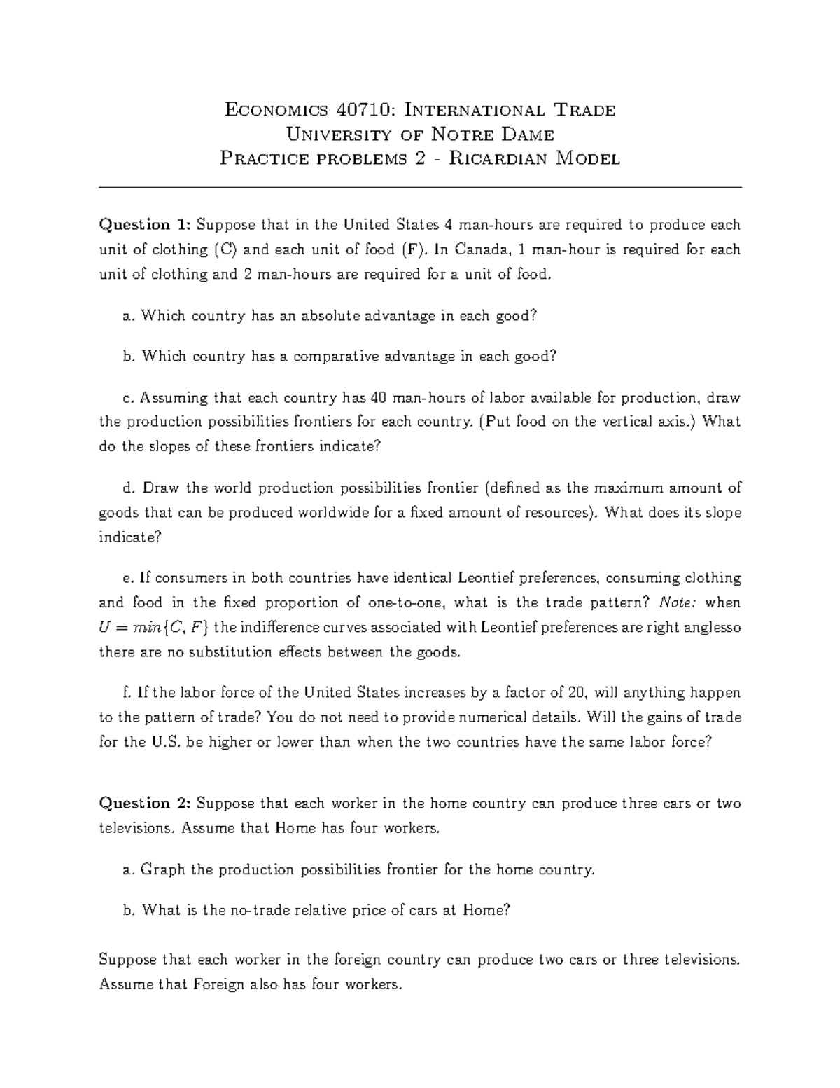 Problem Set 2 - questions - Ricardian Model - Economics 40710 ...