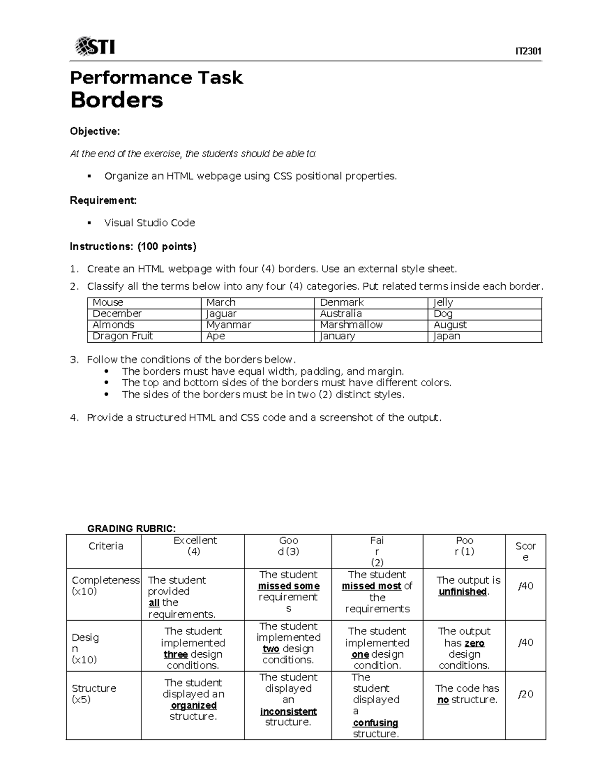 03 Performance Task 1 - happy - IT Performance Task Borders Objective ...