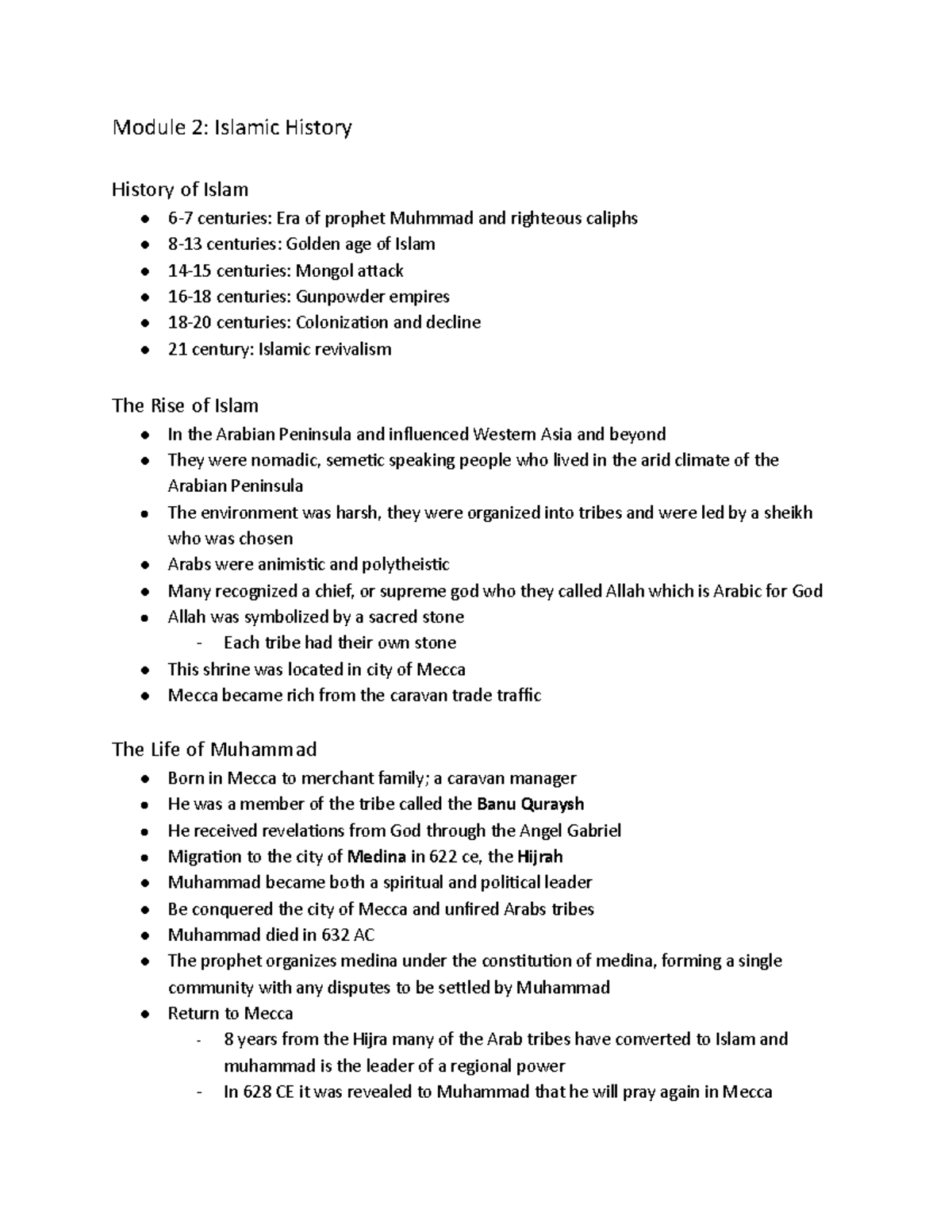 Global Culture Politics Module 2 - Module 2: Islamic History History of ...