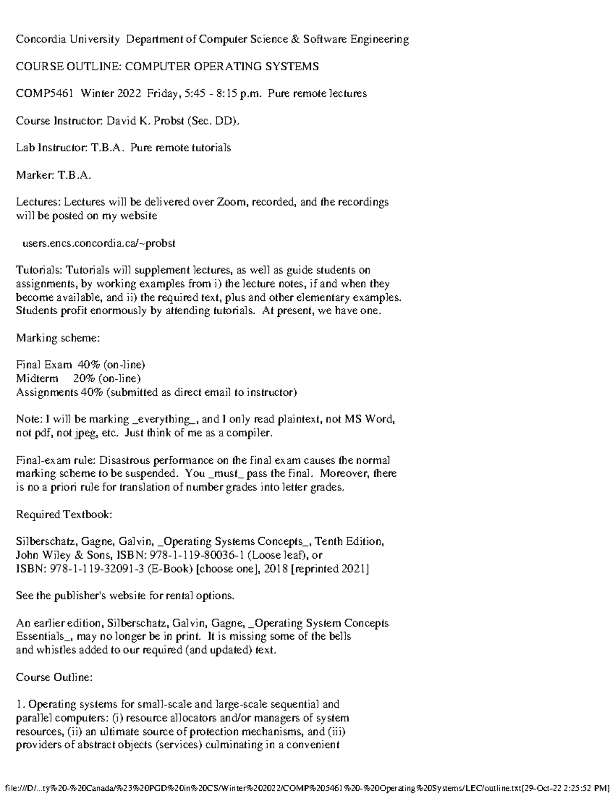 Outline - COMP 5461 Probst - file:[29-Oct-22 2:25:52 PM] Concordia University Department of ...