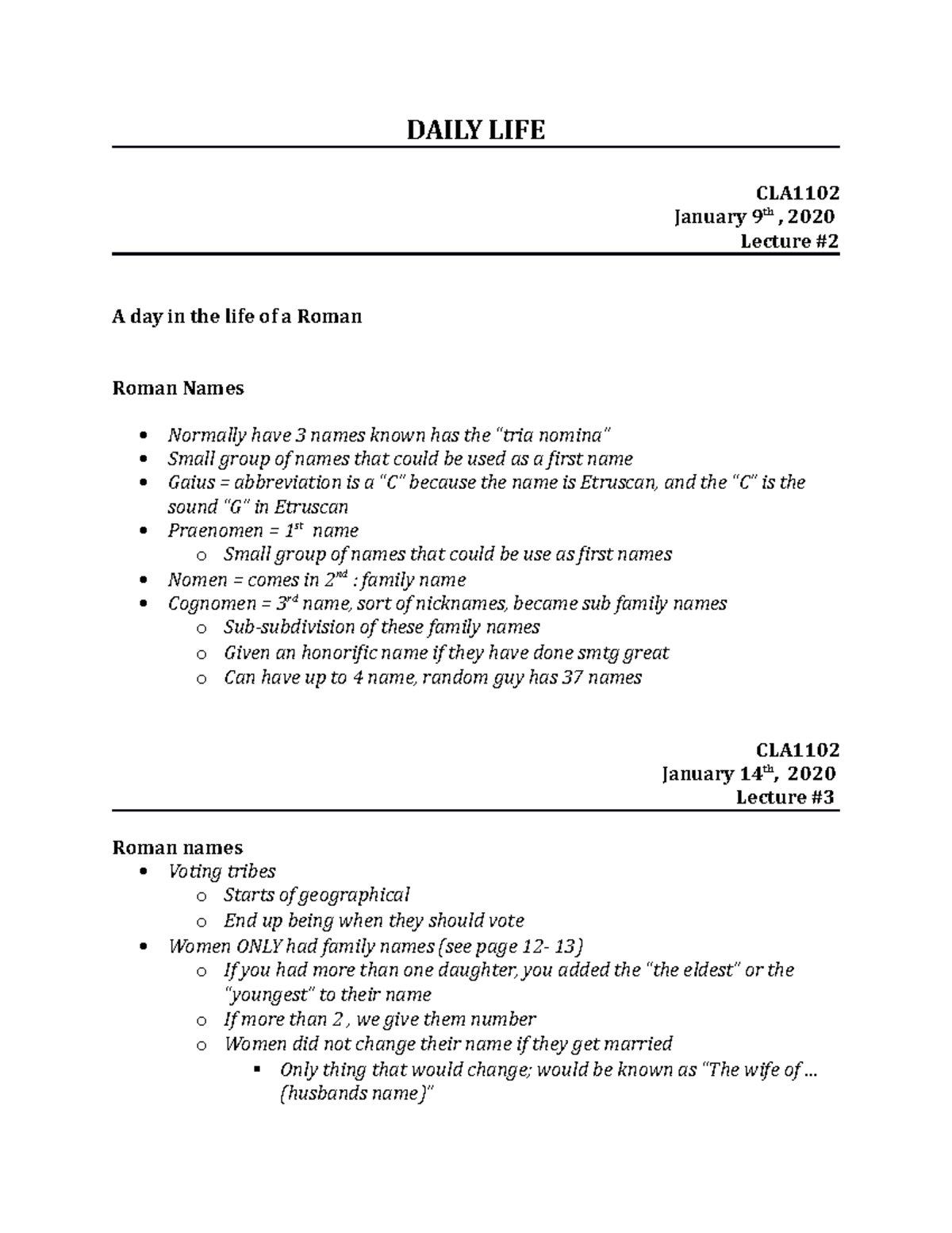 Notes - Daily lectures - DAILY LIFE CLA January 9th , 2020 Lecture # A ...