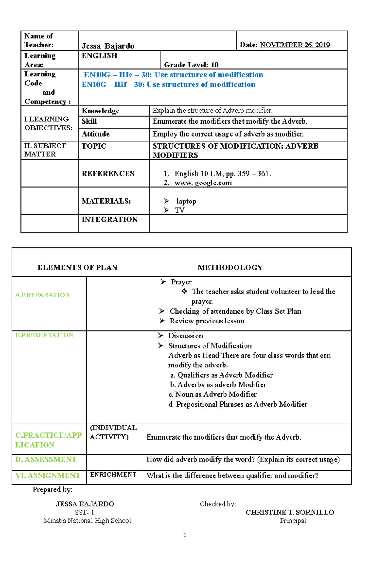 ENNG 1 0-LP-Q3- 1 1-26-1 9 - Name of Teacher: Jessa Bajardo Date ...