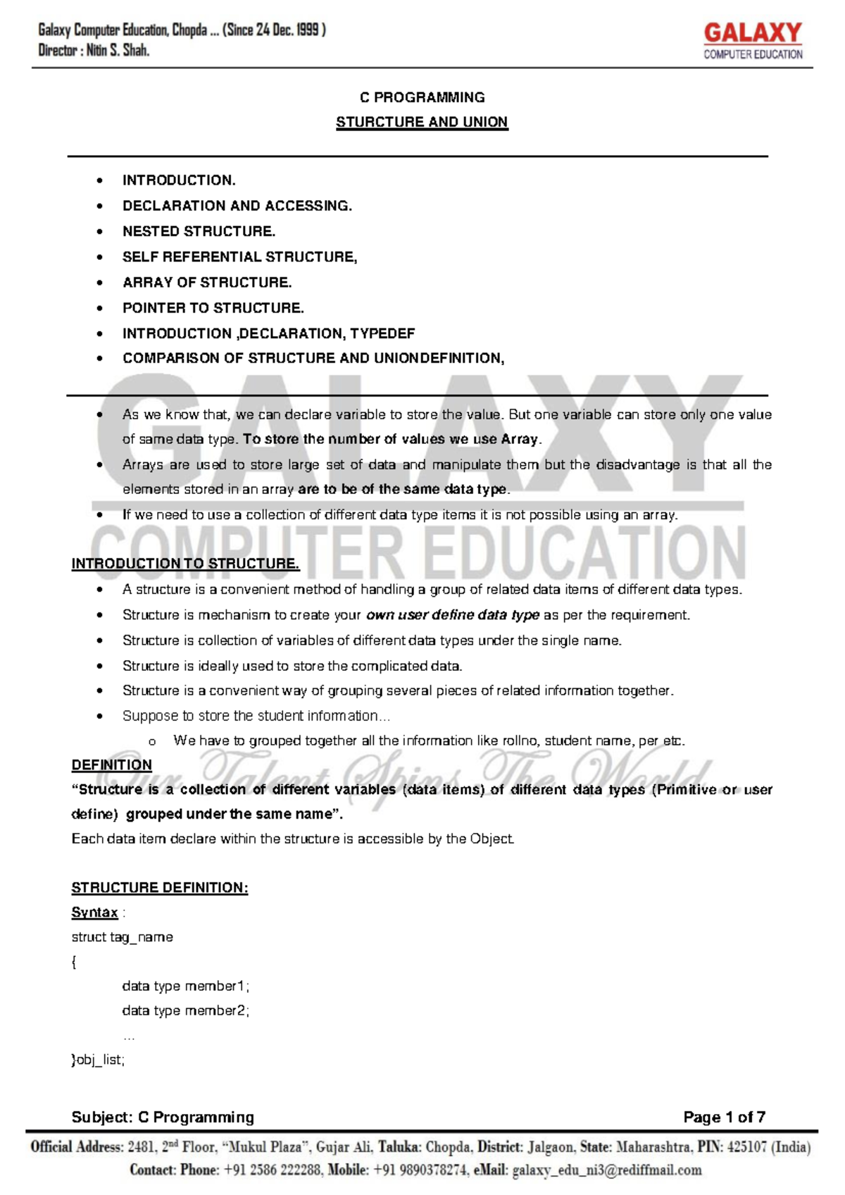 07 Structure - C PROGRAMMING STURCTURE AND UNION INTRODUCTION ...