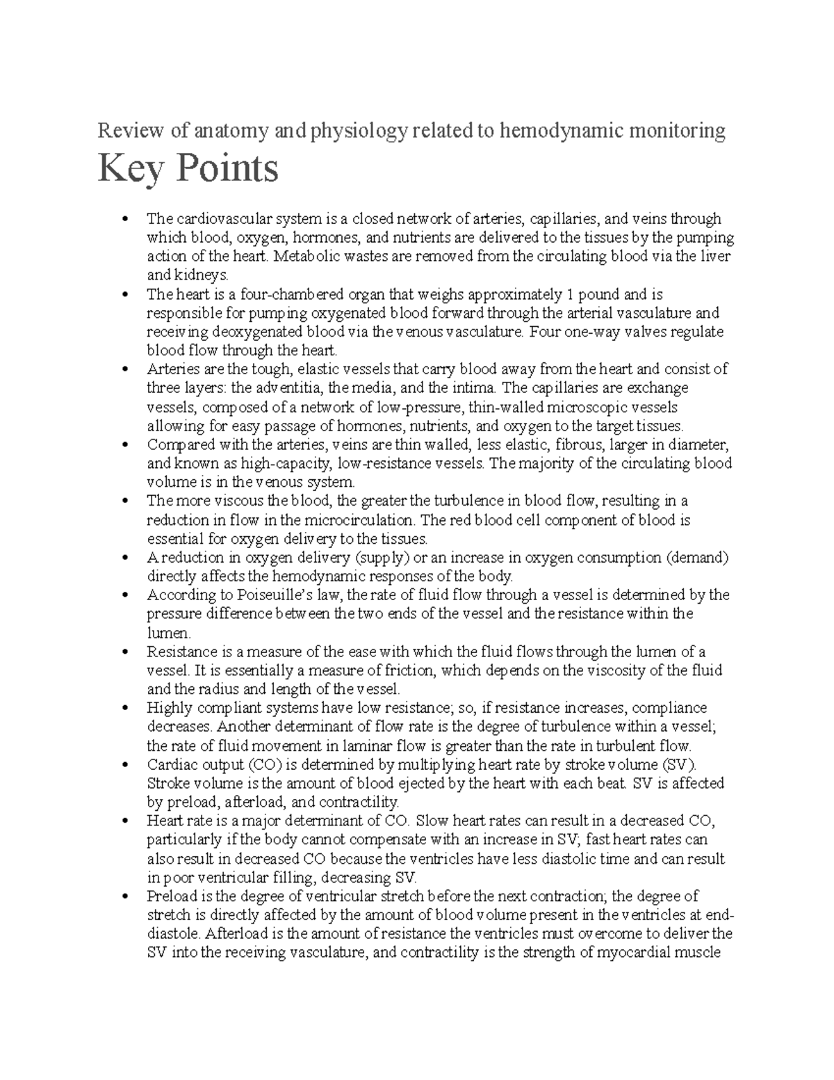 Review of anatomy and physiology related to hemodynamic monitoring Key ...