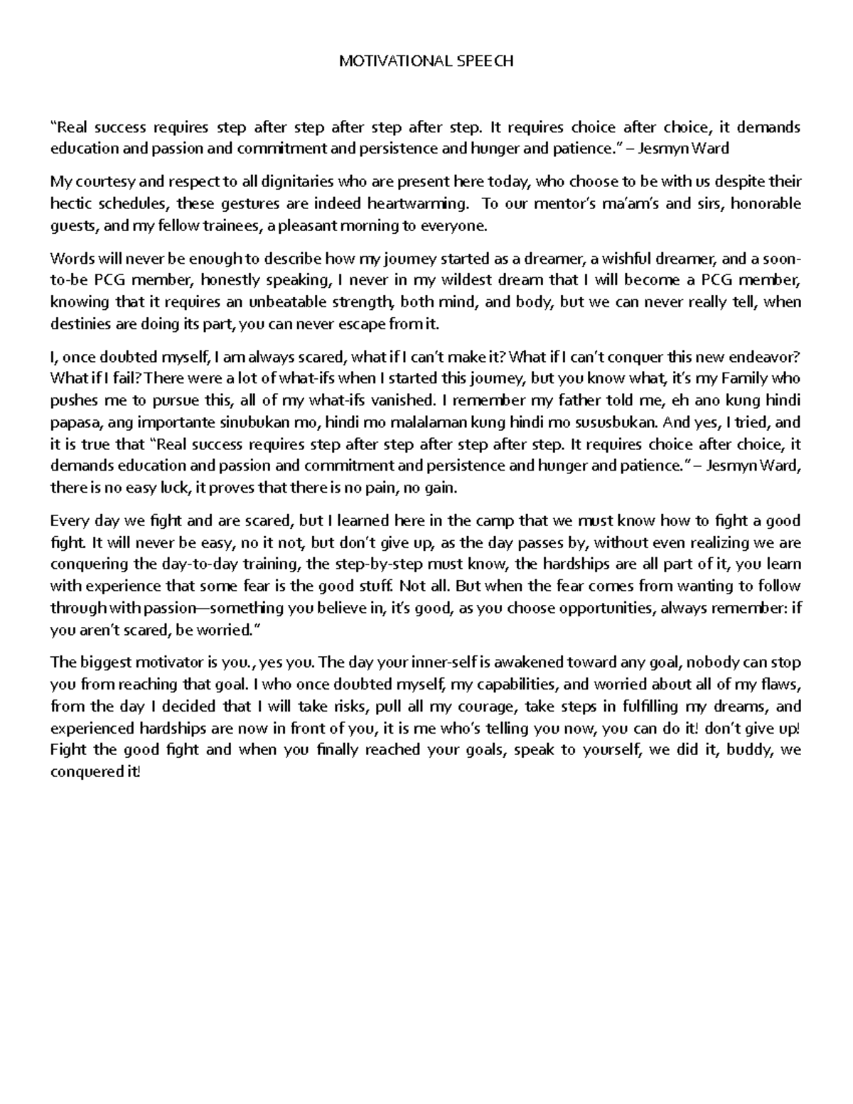 Motivational Speech-lala - MOTIVATIONAL SPEECH “Real success requires ...