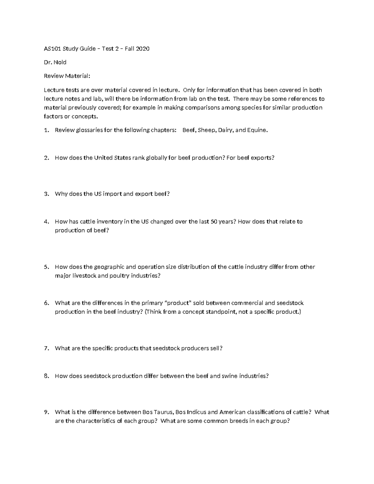 AS101 Study Guide Test 2 F20 (Beef, Sheep, Dairy, Equine) - AS101 Study ...
