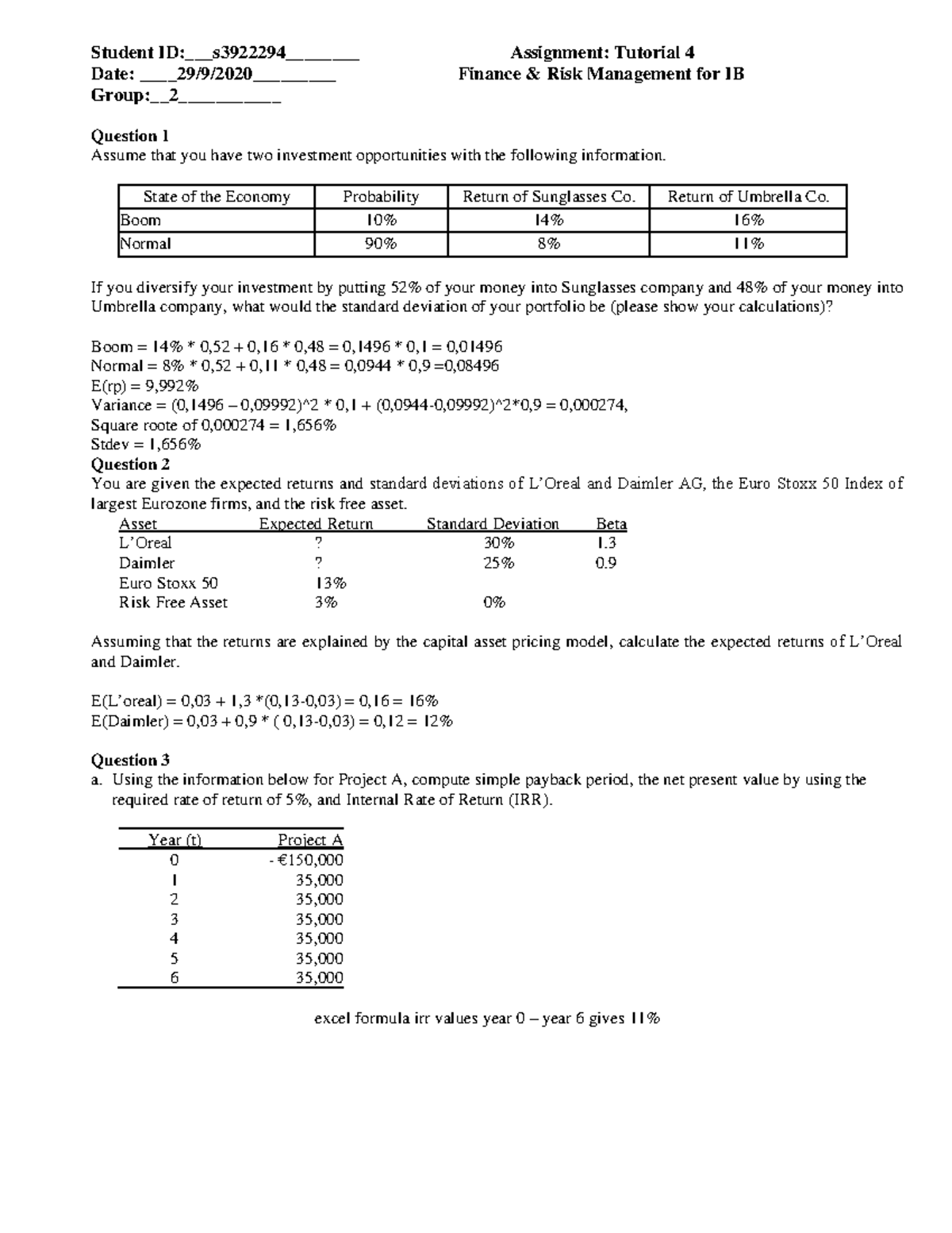 Tutorial 4 Questions(2) answers - Student ID:s3922294_____ Assignment ...