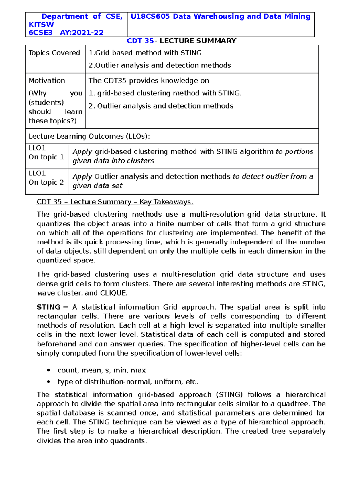 Data Mining 4 Notes Kitsw 6cse3 Ay2021 Cdt 35 Lecture Summary Topics Covered 1 Based
